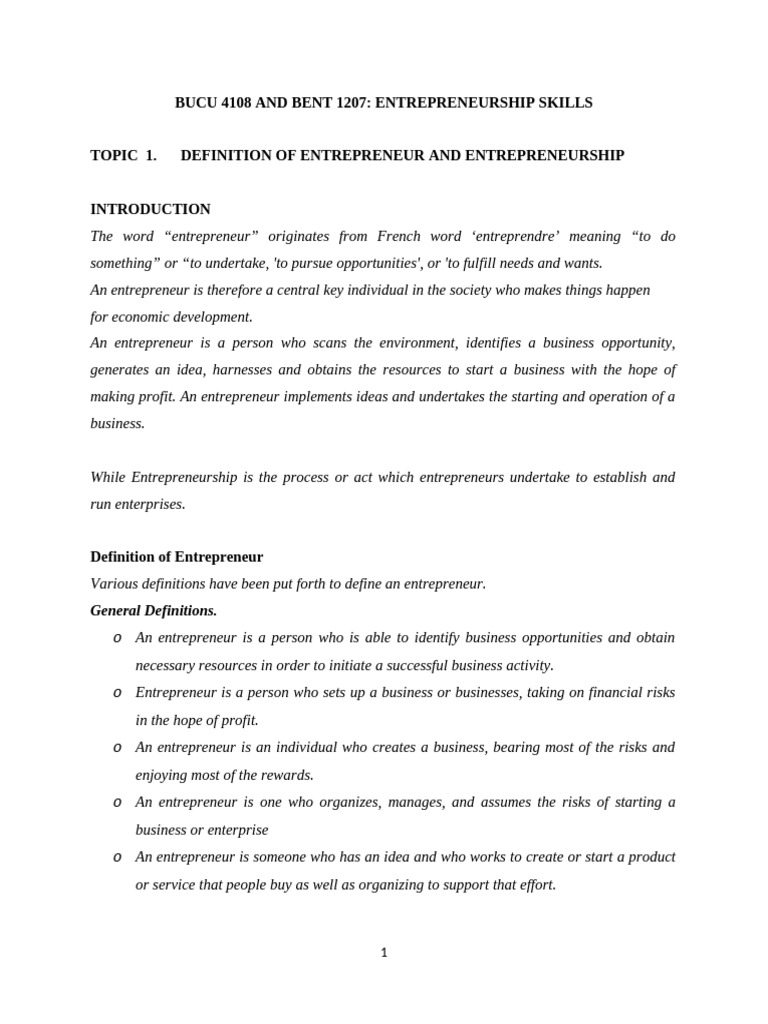 Topic 1.Definition of Entrepreneur and Entrepreneurship | PDF ...
