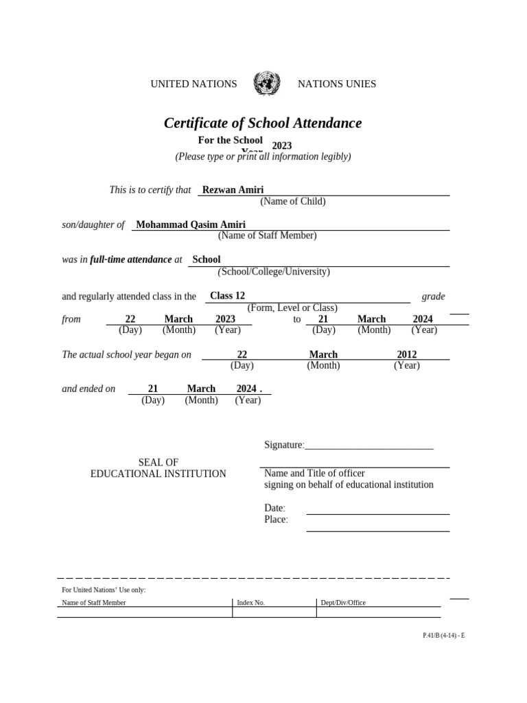 Rezwan Amiri, Ed Grant - Certificate of School Attendance UN p41 B (4-14) | PDF
