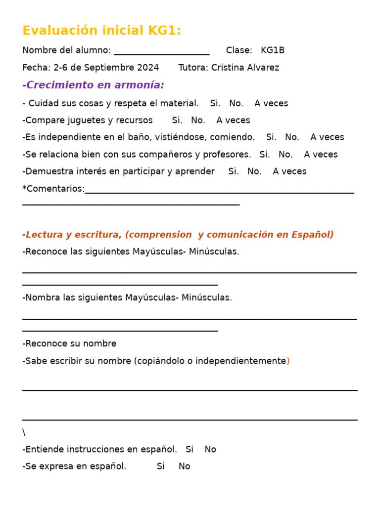 Evaluacion Inicial KG1 | PDF