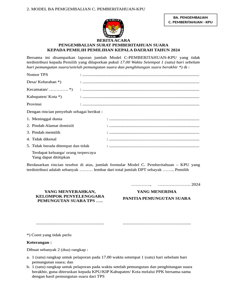 Model Ba Pemgembalian C. Pemberitahuan-Kpu | PDF