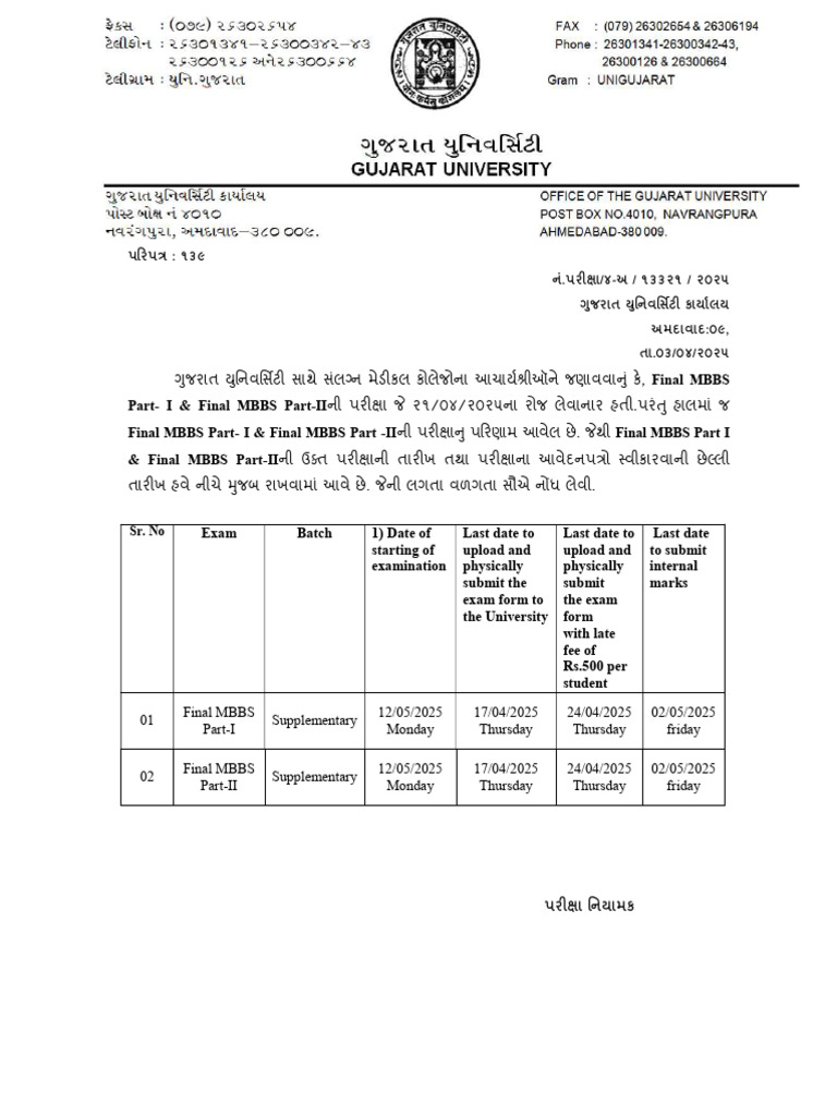 Exam Form Submission New Date For 3rd MBBS Part - I & II May 2025 | PDF