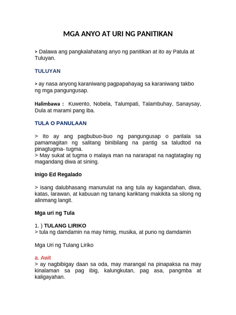 Mga Anyo at Uri NG Panitikan | PDF