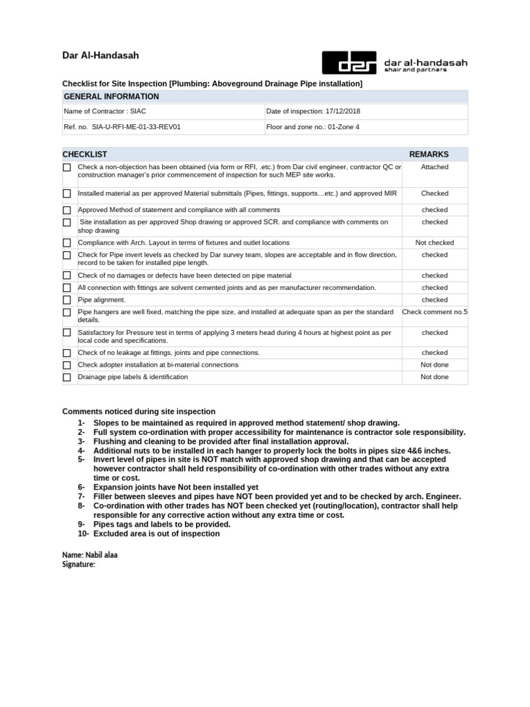 Plumbing Site Inspection Checklist | PDF | Pipe (Fluid Conveyance ...