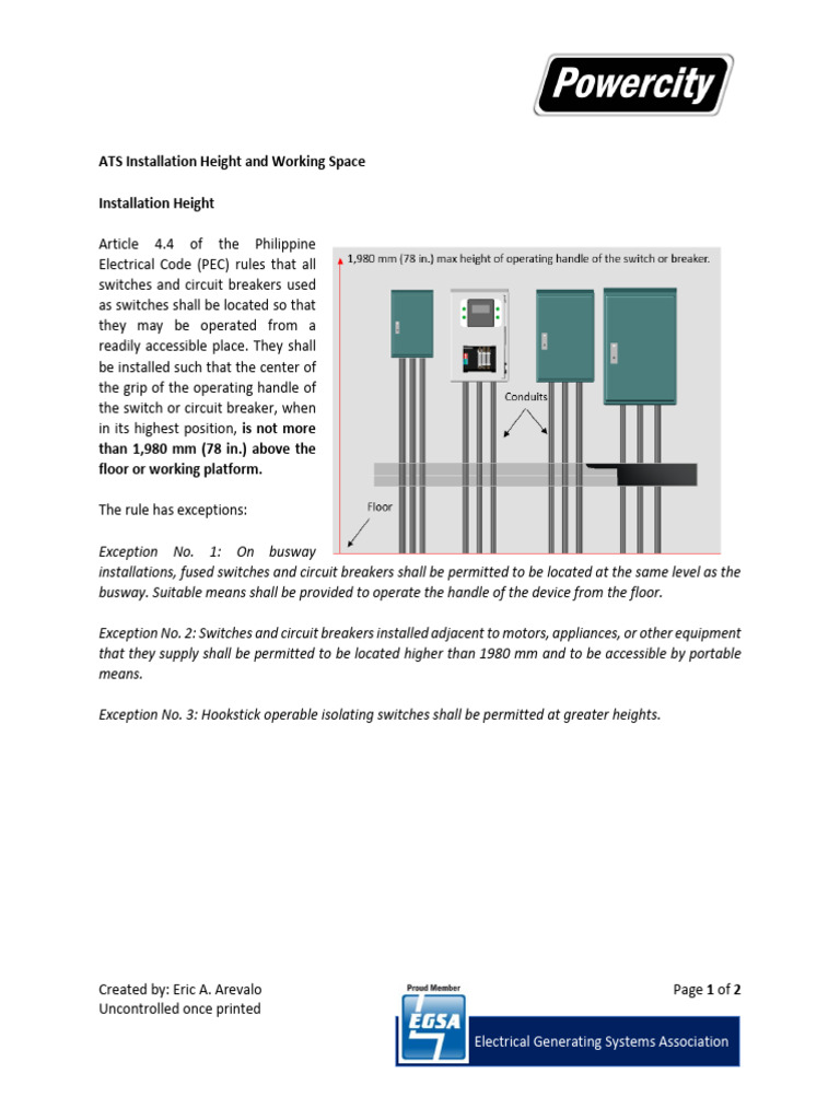 ATS Installation Height and Working Space | PDF