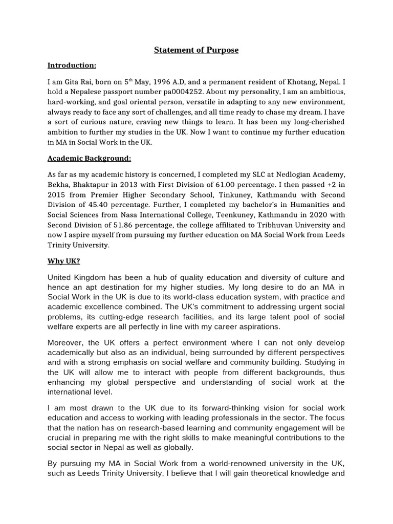 Gita Rai's MA Social Work Statement | PDF | Social Work | Mental Health