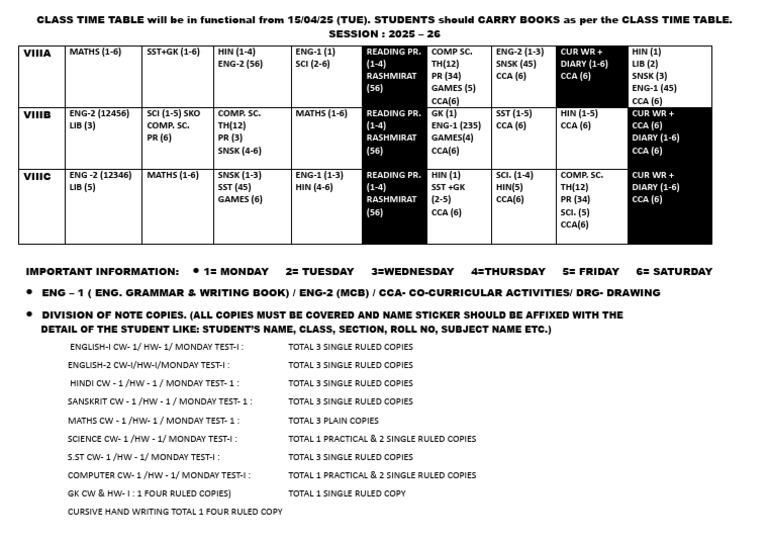 Class - 8 Time Table From 15-04-25 | PDF | Languages Of India