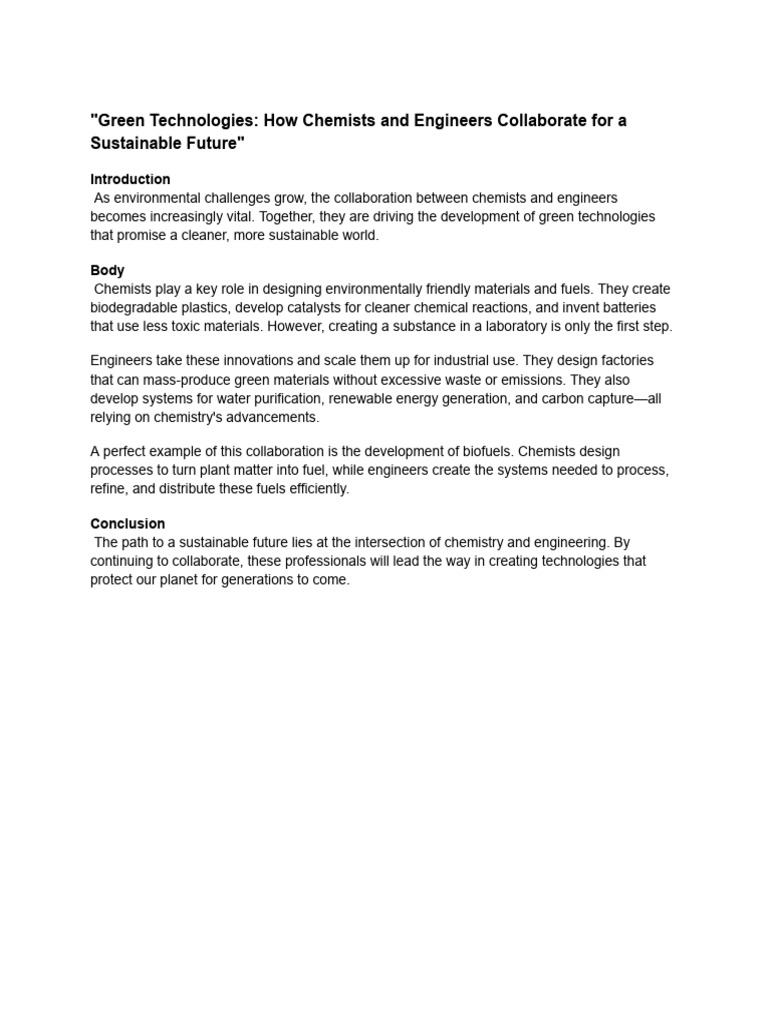 Green Technologies - How Chemists and Engineers Collaborate For A ...