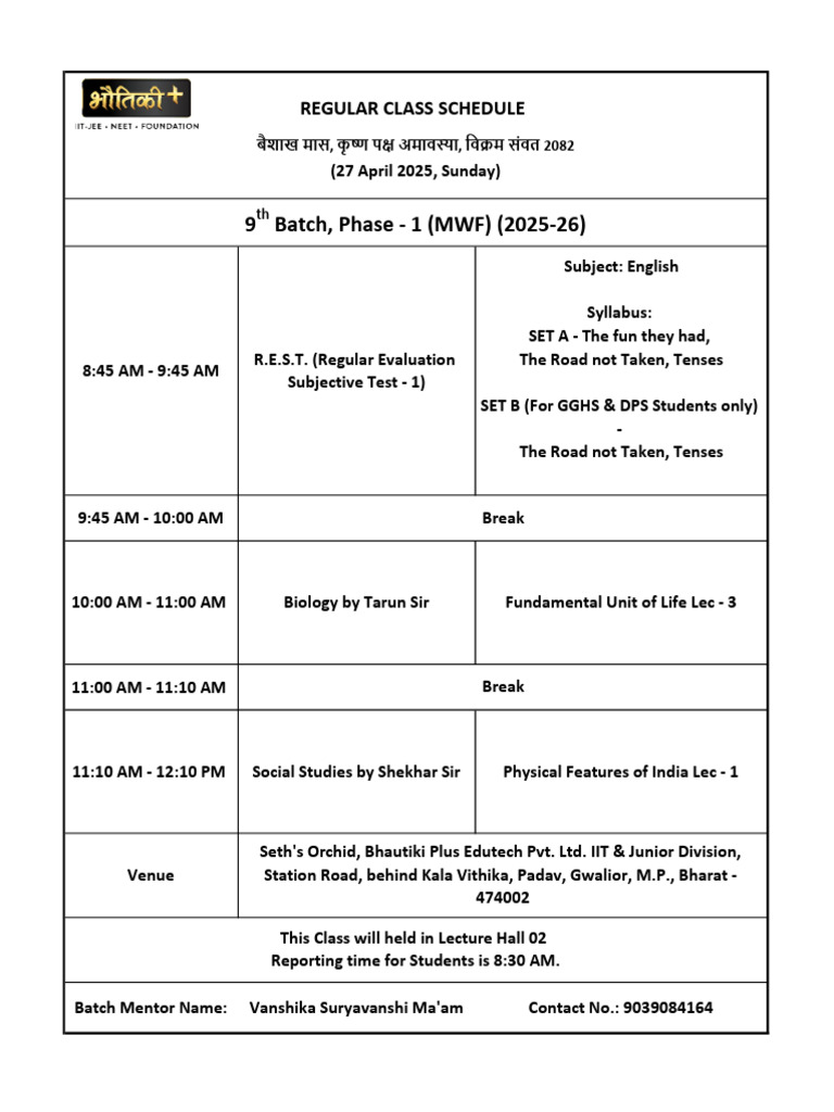 Regular Classes Schedule, Junior Division (For Notice Board) (27-04 ...