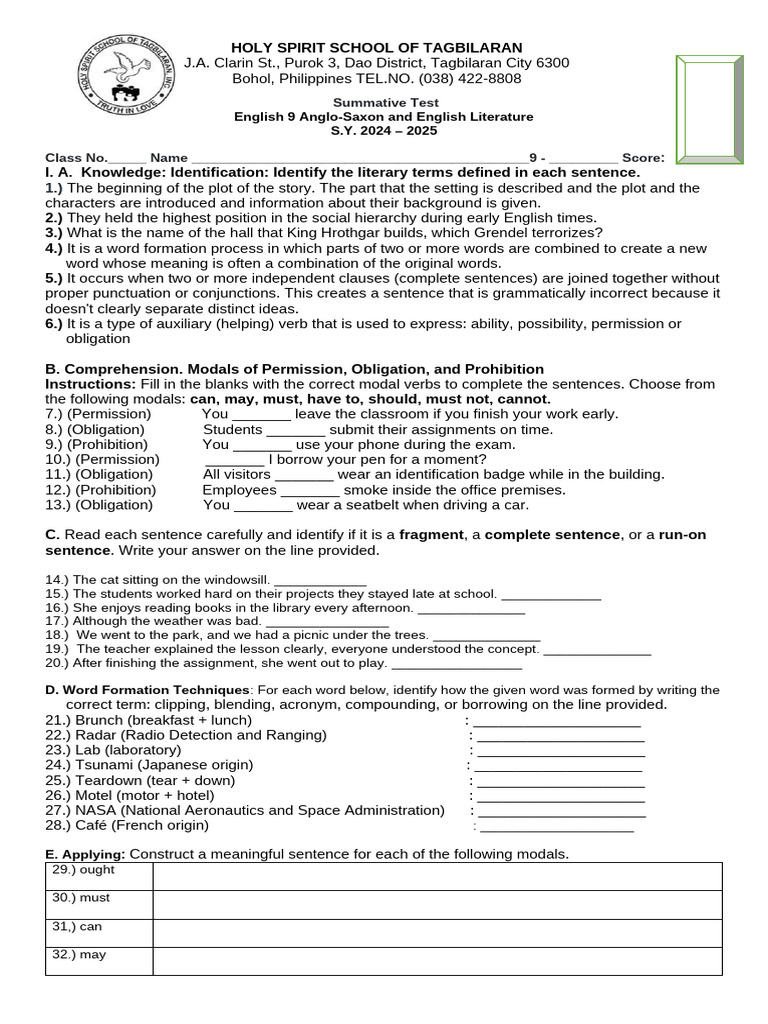 1st Summative Test Eng_9_2425 | PDF | Beowulf | Linguistics