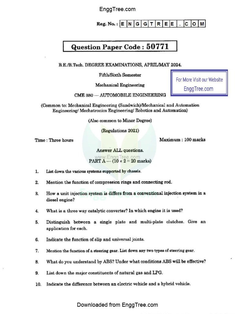 CME380 Automobile Engineering Apr May 2024 Question Paper Download | PDF