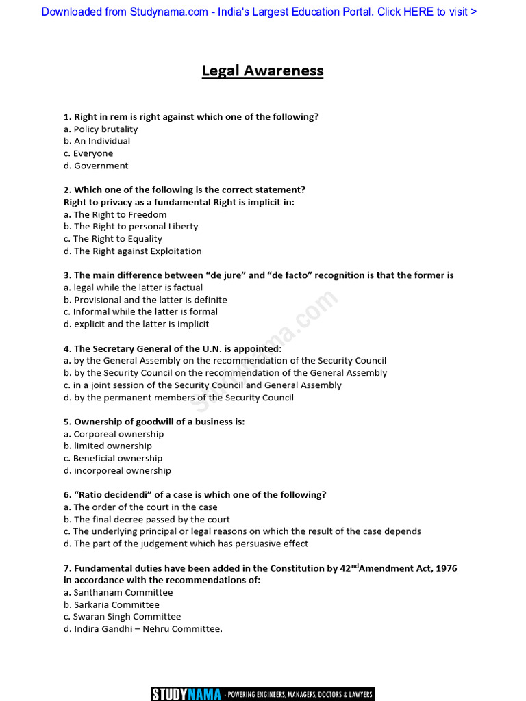 DU LLB LAW-Exam-Legal-Awareness Model Paper | PDF | Legal Remedy | Writ