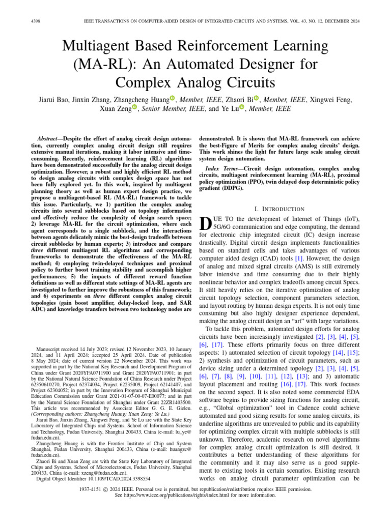 Multiagent Based Reinforcement Learning MA-RL An Automated Designer For Complex Analog Circuits ...