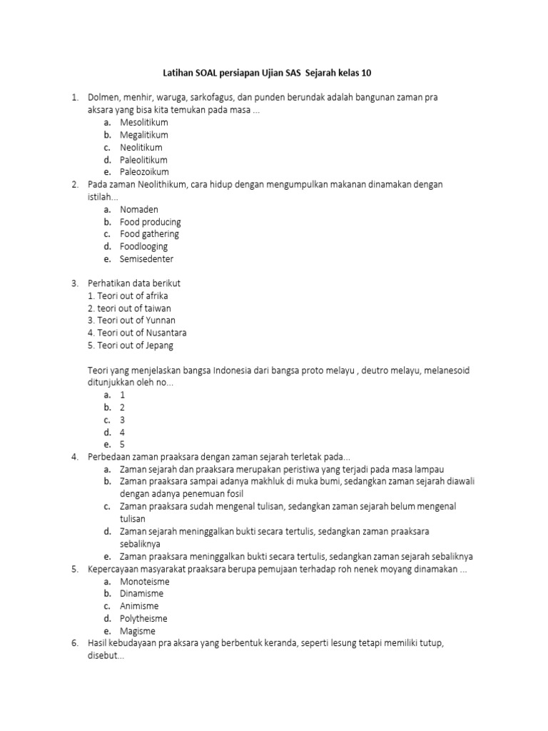 Latihan SOAL Persiapan Ujian SAS Sejarah Kelas 10 | PDF