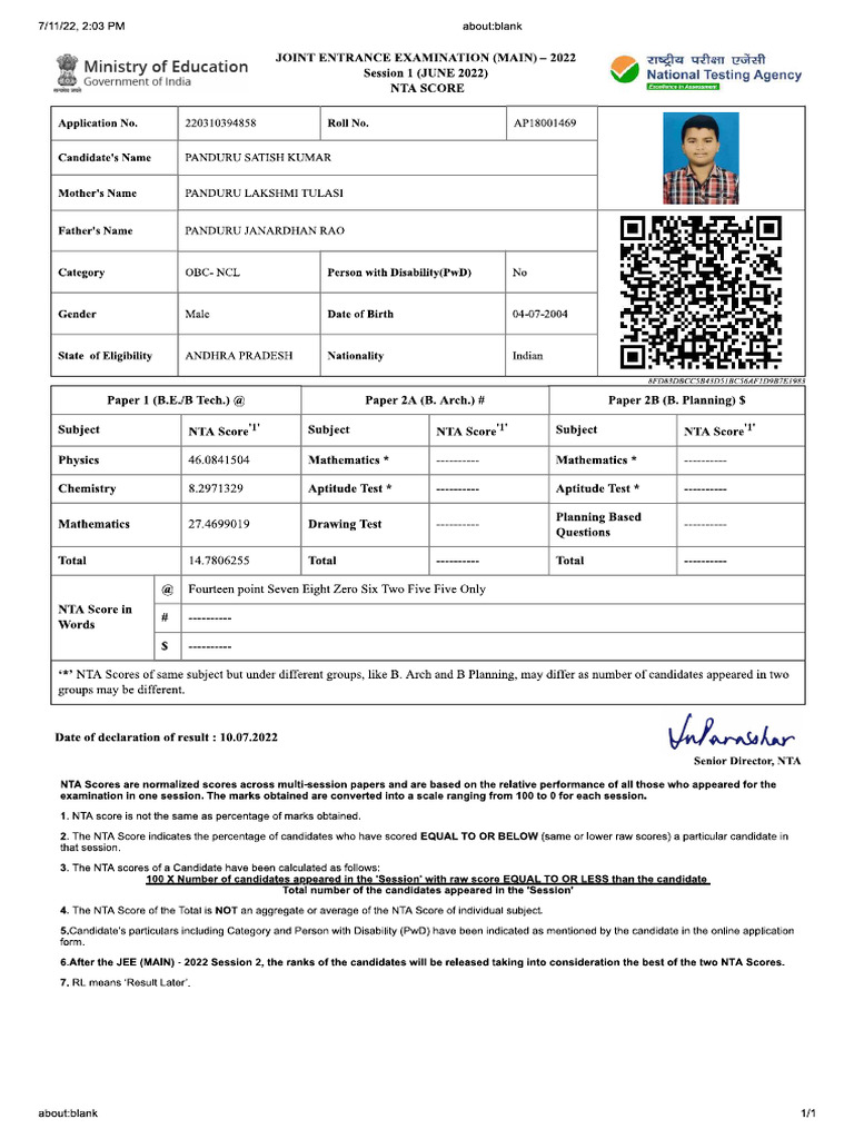 Satish Jee Mains Score Card | PDF