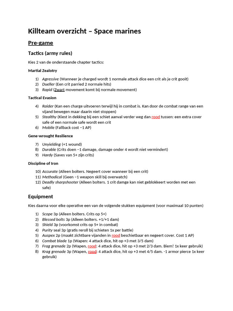 Killteam Team Overzicht - Space Marines | PDF
