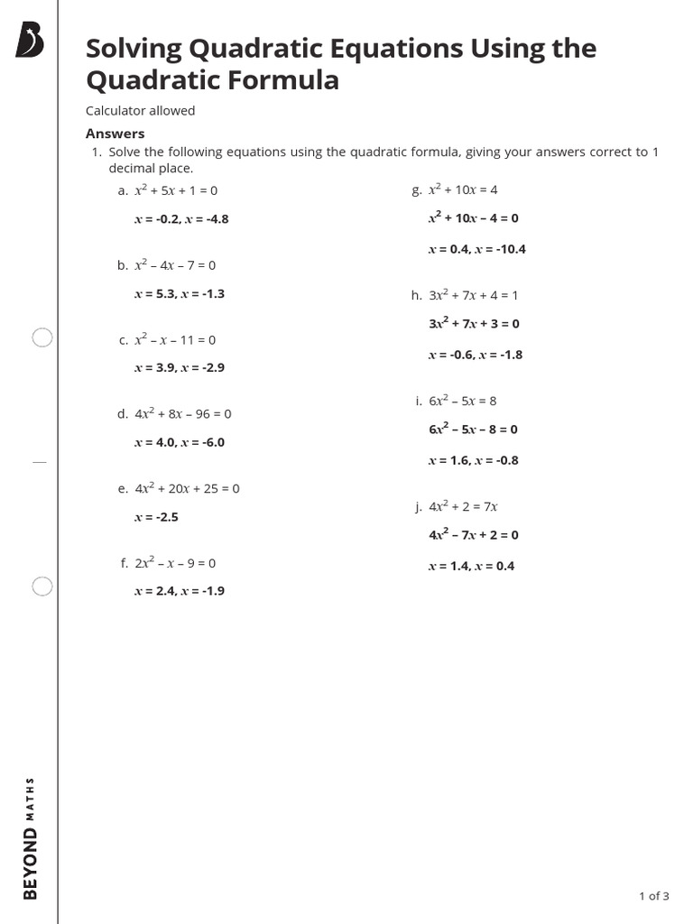 Solving Quadratic Equations Using The Quadratic Formula (Answers) | PDF ...