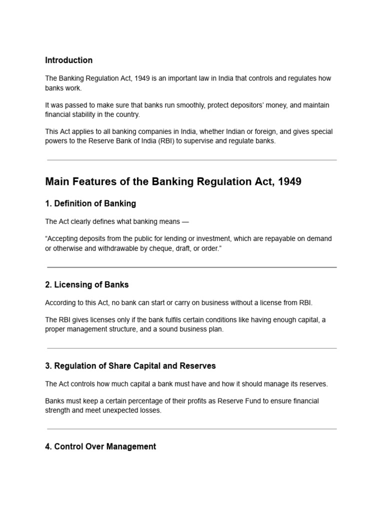 Salient Features of Banking Regulation Act | PDF | Banks | Reserve Bank ...
