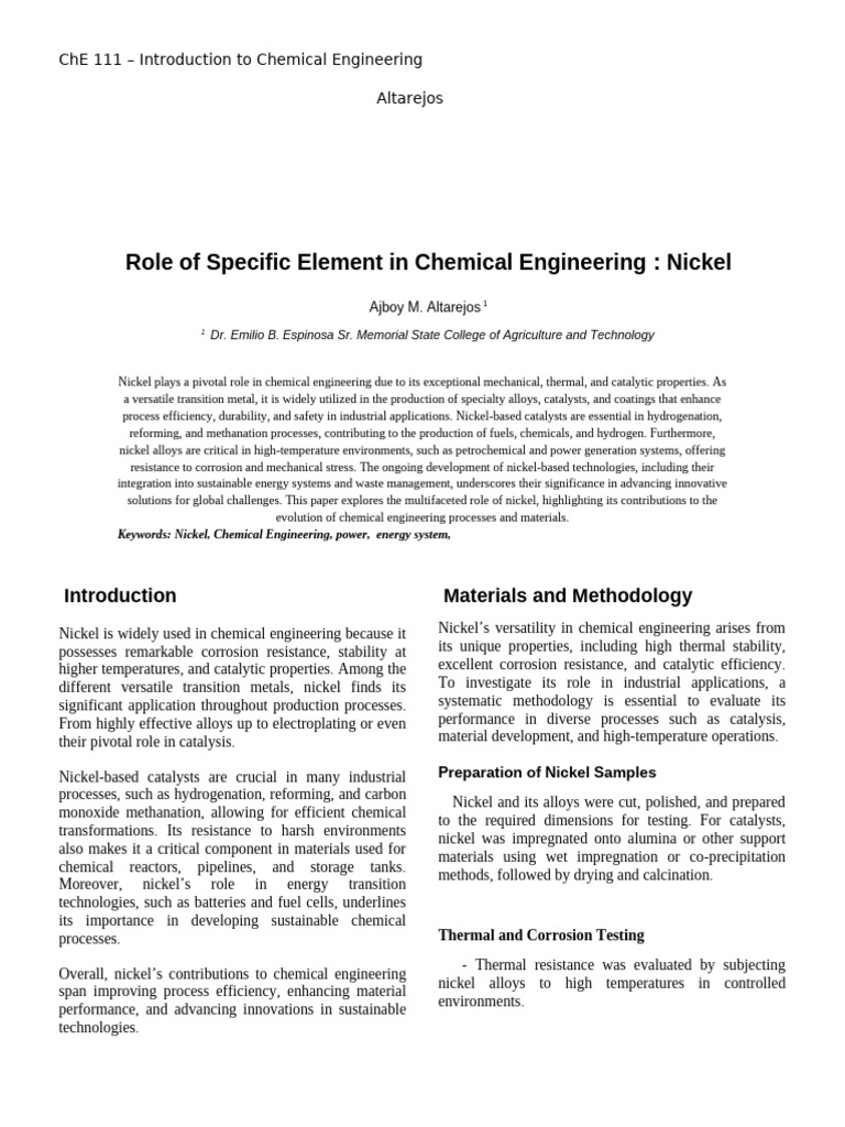 Role of Elements in Chemical Engineering | PDF | Catalysis | Nickel