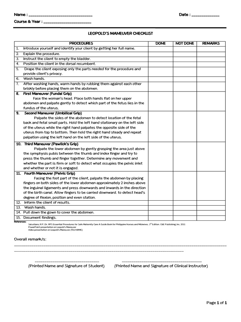 Leopolds Maneuver Checklist | PDF | Maternal Health | Human Reproduction