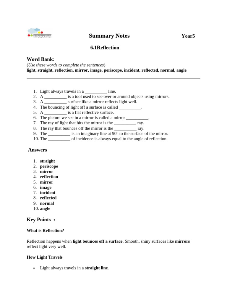 Y6-T3-Summary Notes 6.1 Reflection | PDF | Mirror | Reflection (Physics)
