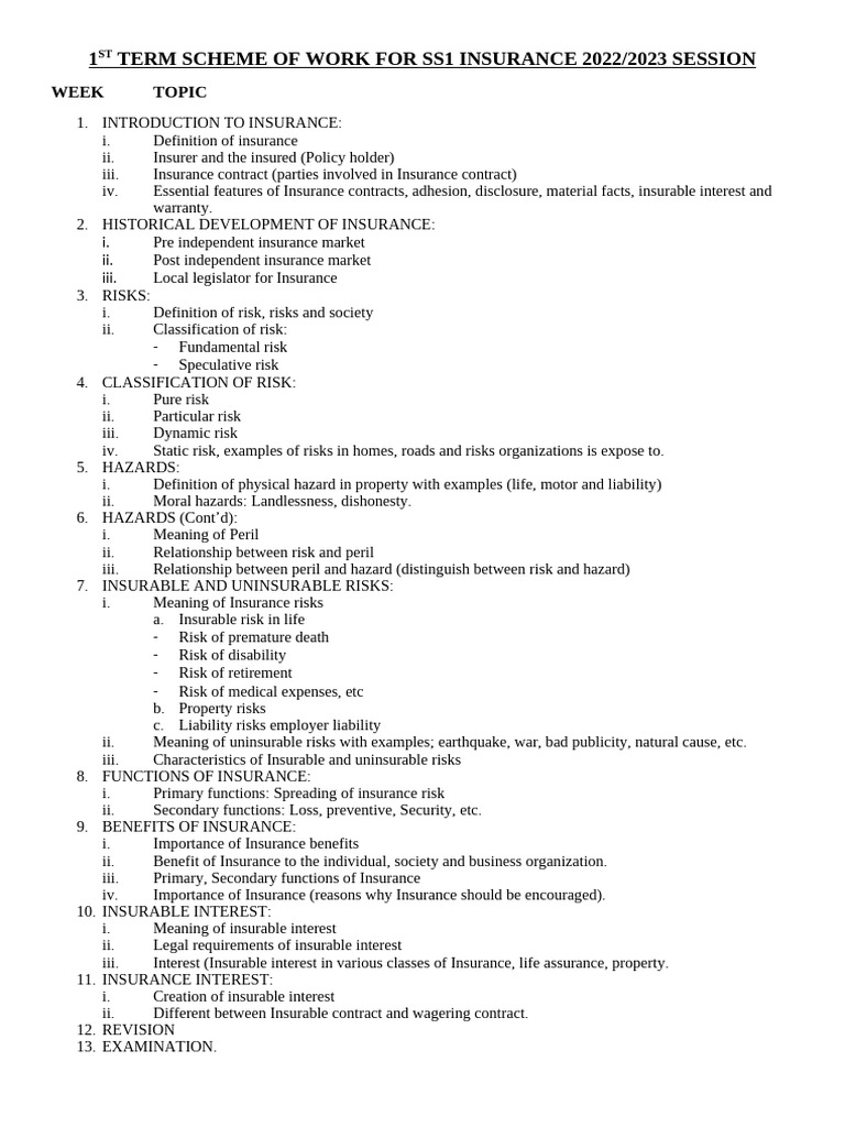SS1 Insurance Scheme of Work 2022/2023 | PDF | Insurance | Reinsurance