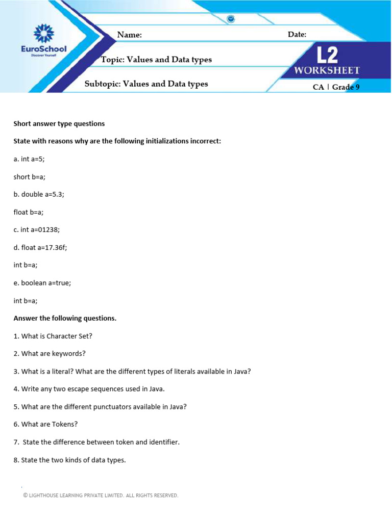 Level 2 Worksheet Values and Data Types | PDF