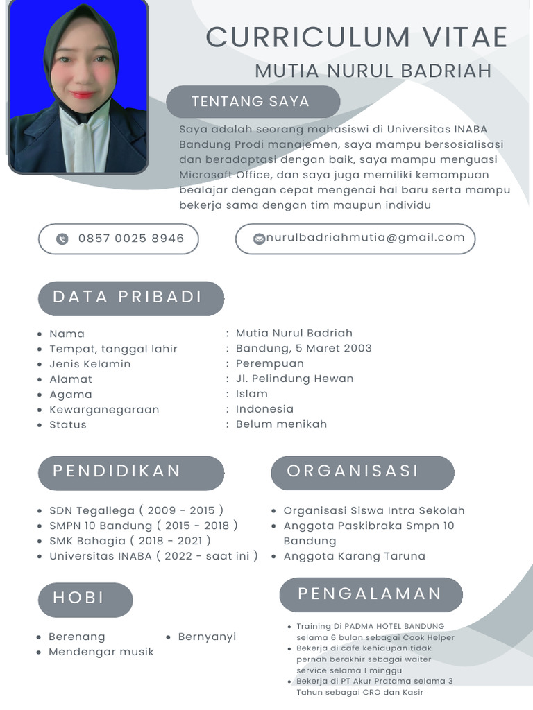 CV Mutia Nurul Badriah - Mahasiswi Manajemen | PDF