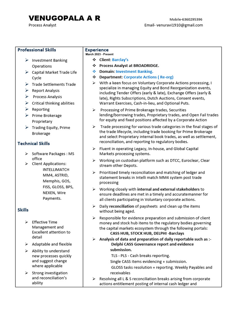 Broadridge Process Analyst Profile | PDF | Investment Banking | Service ...