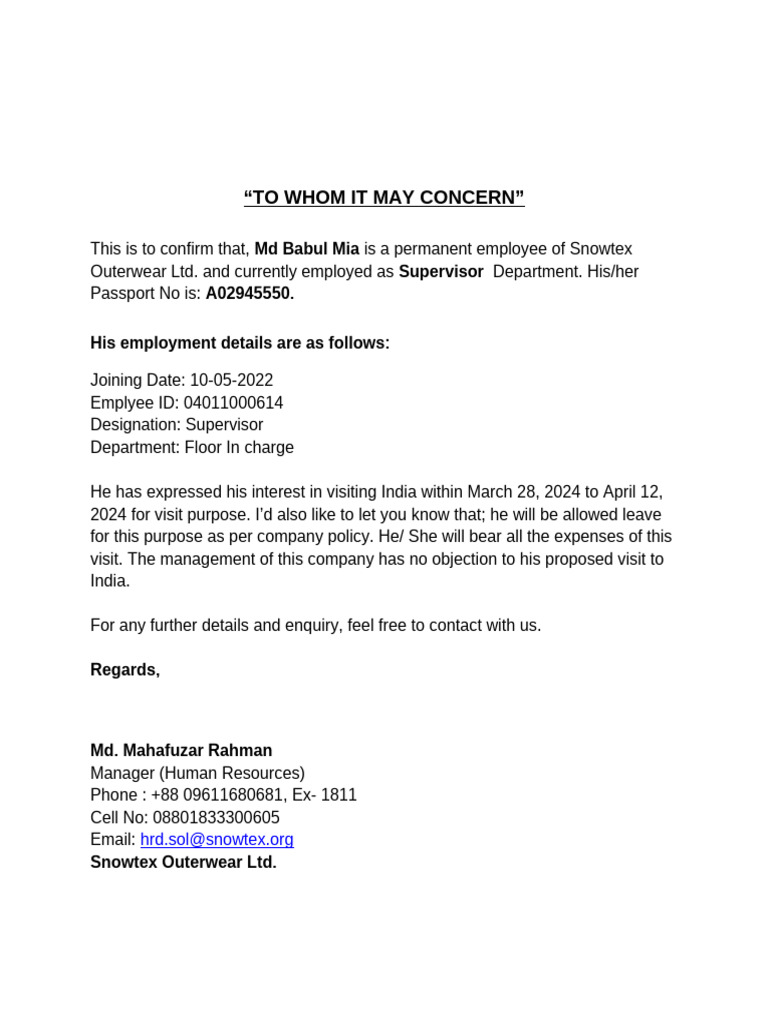 "To Whom It May Concern": MD Babul Mia Supervisor A02945550. His ...