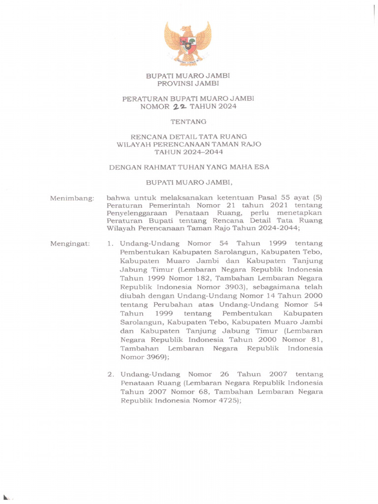 Perbup No 22 TH 2024 (Pupr) RDTR T. Rajo | PDF