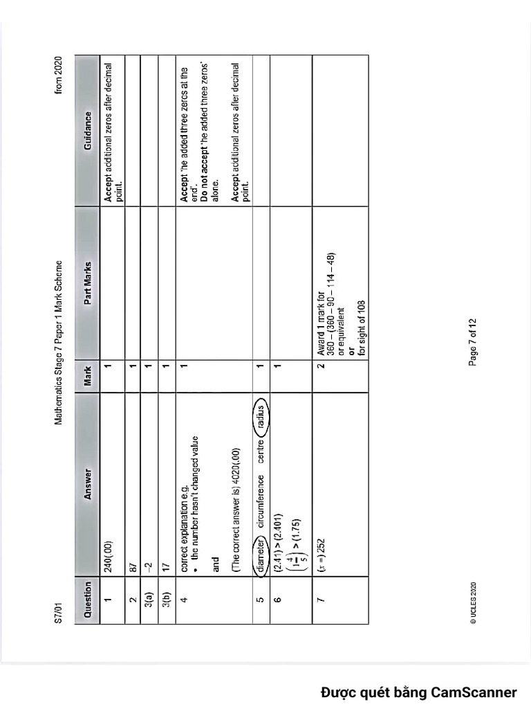 Stage 7 Progression Test Math 2020 Paper 1,2 - Answers - 7 | PDF