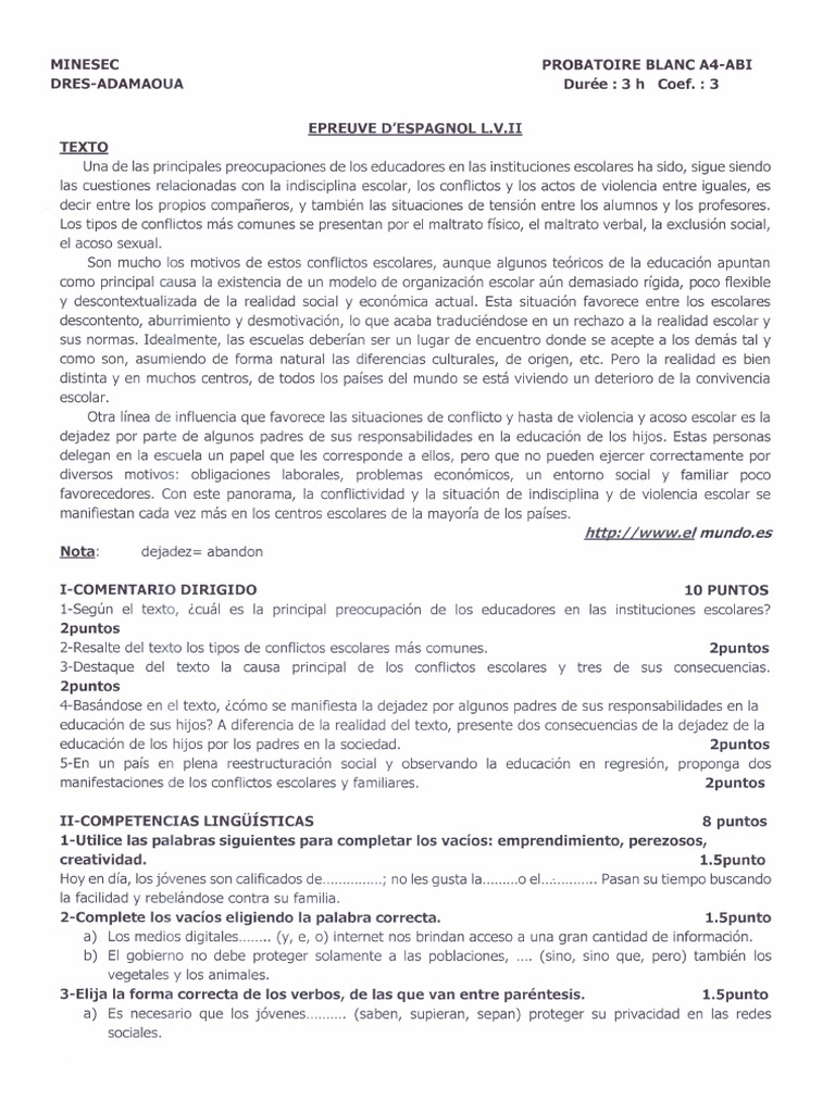 Probatoire Blanc 2025 Espagnol | PDF