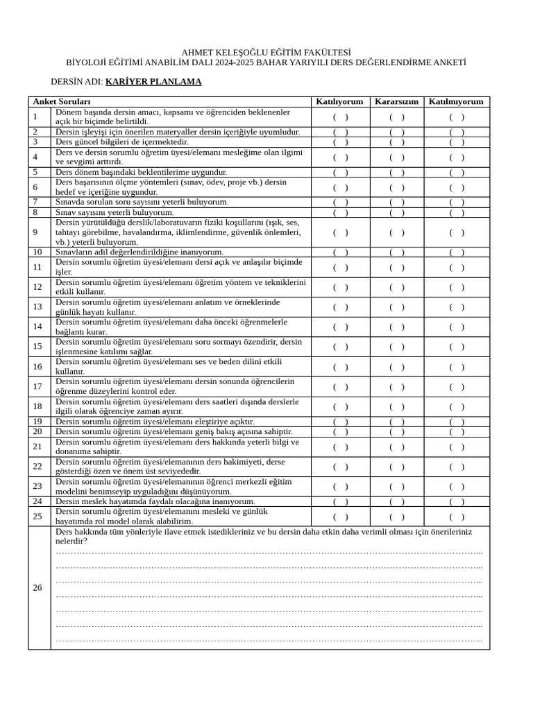 Ders Değerlendirme Anketi, KARİYER PLANLAMA | PDF