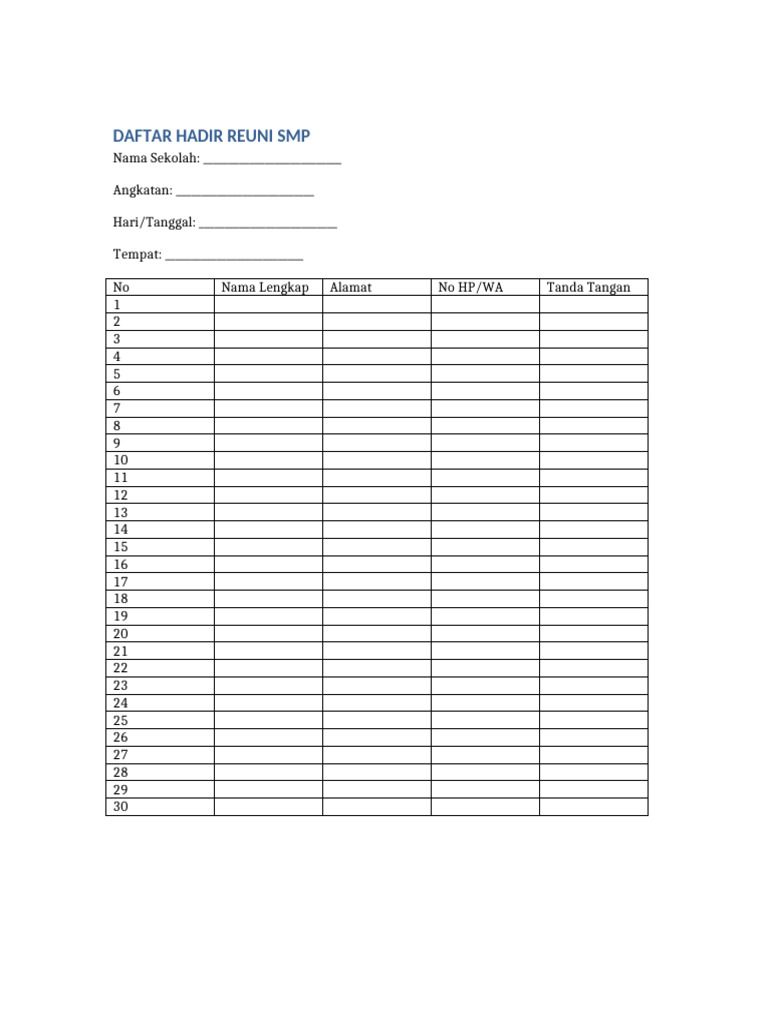 Daftar Hadir Reuni Smp | PDF