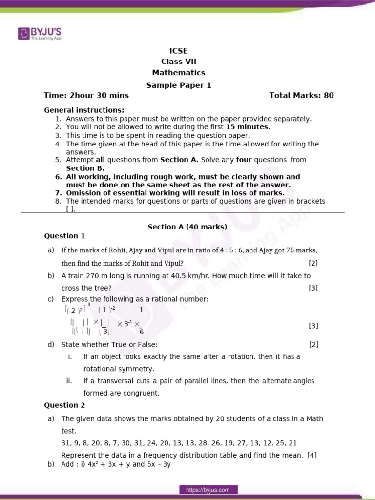 ICSE Class 7 Mathematics Sample Paper Set 1 | PDF | Euclid | Elementary ...