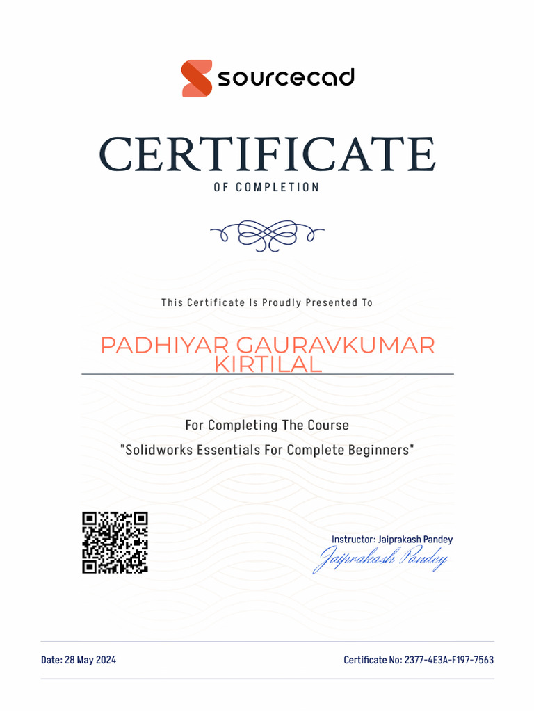 Solid Works Basic Introduction Certificate | PDF