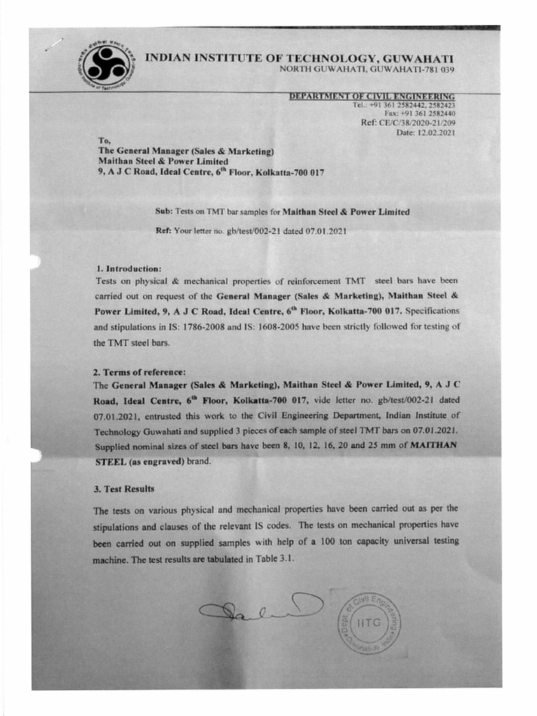 Test Certificate - Guwahati, National Institute of Technology | PDF