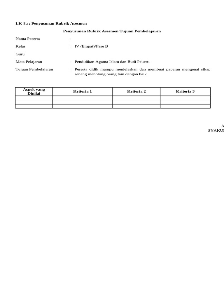 Rubrik Asesmen Tujuan Pembelajaran | PDF