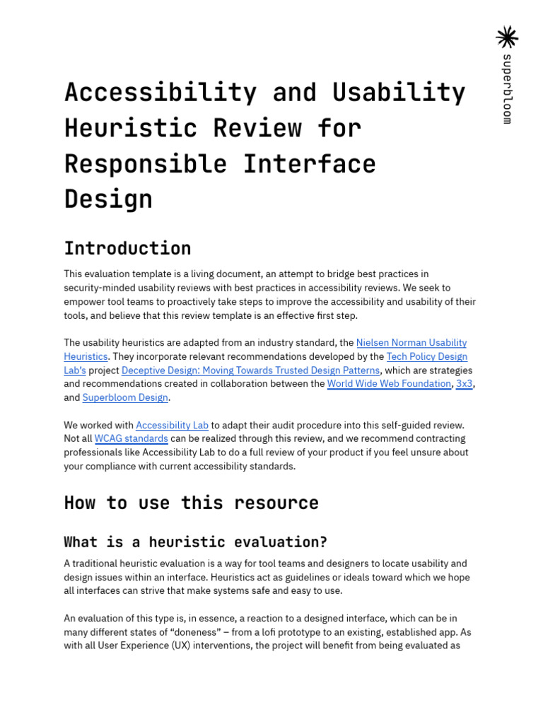 Superbloom Accessibility and Usability Heuristic Review | PDF | Usability | Accessibility
