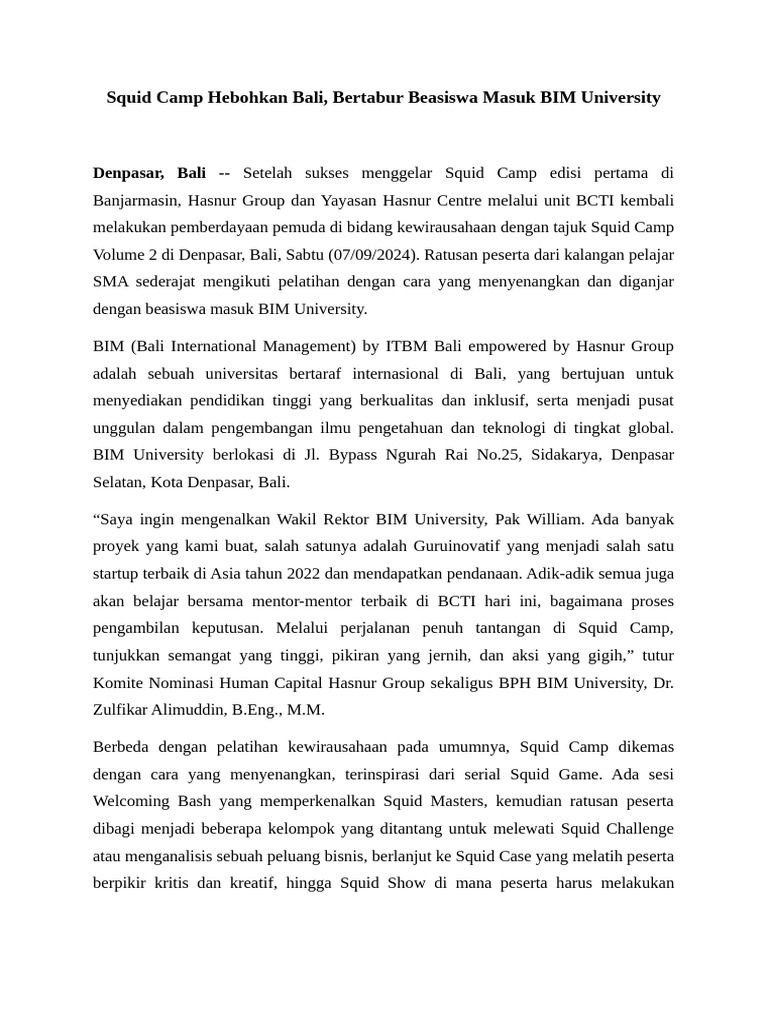 Beasiswa Squid Camp di BIM University | PDF