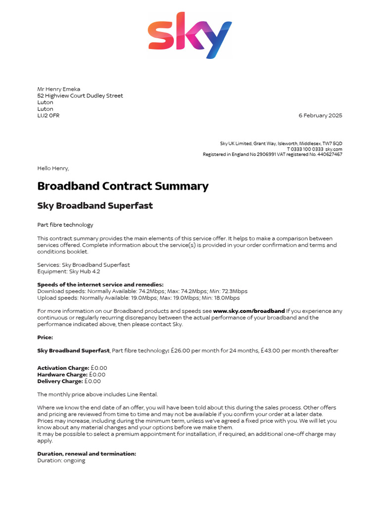 Broadband Contract Summary | PDF | Credit Card | Payments