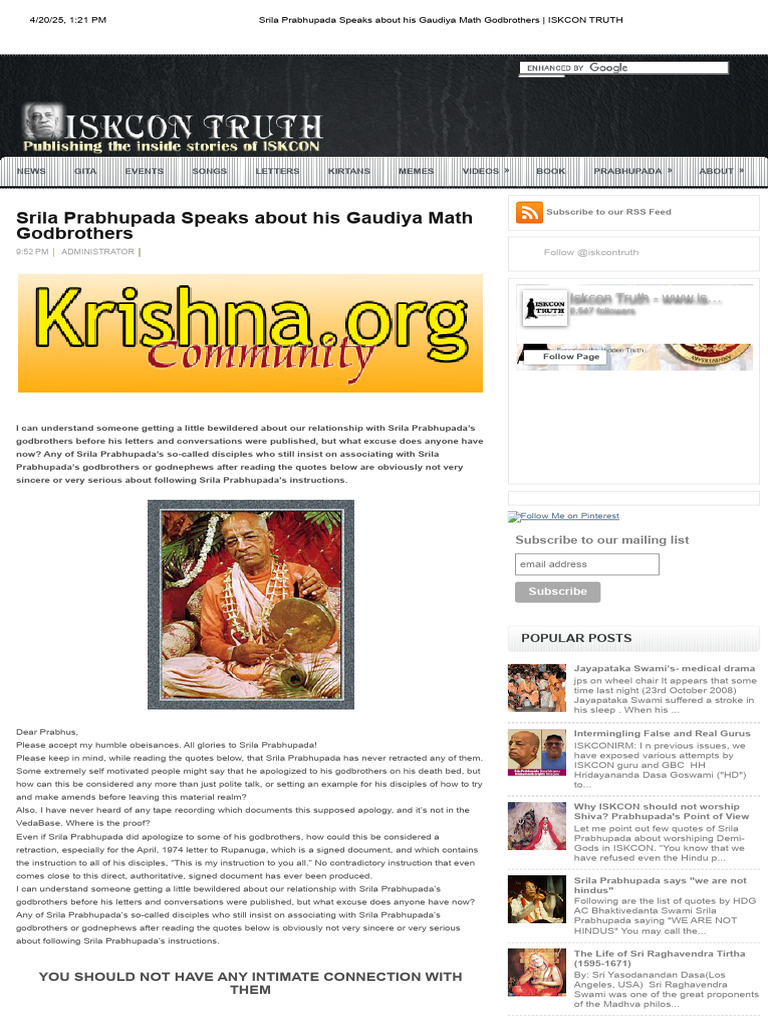 Srila Prabhupada Speaks About His Gaudiya Math Godbrothers - ISKCON ...