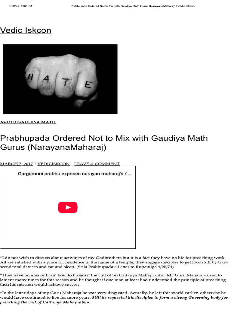 Prabhupada Ordered Not to Mix with Gaudiya Math Gurus (NarayanaMaharaj ...