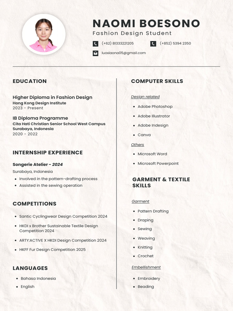Naomi Boesono: Fashion Design CV | PDF
