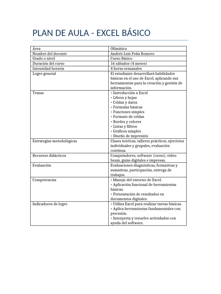 Plan Aula Excel Basico | PDF