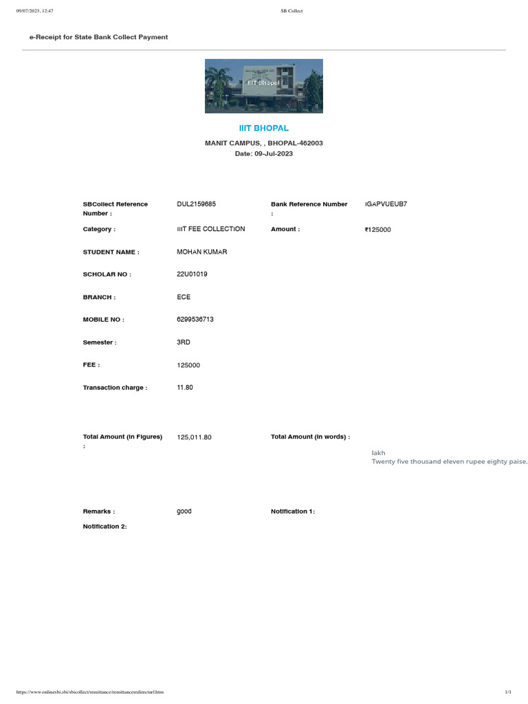 Fees Iiitbhopal 3rd Sem | PDF