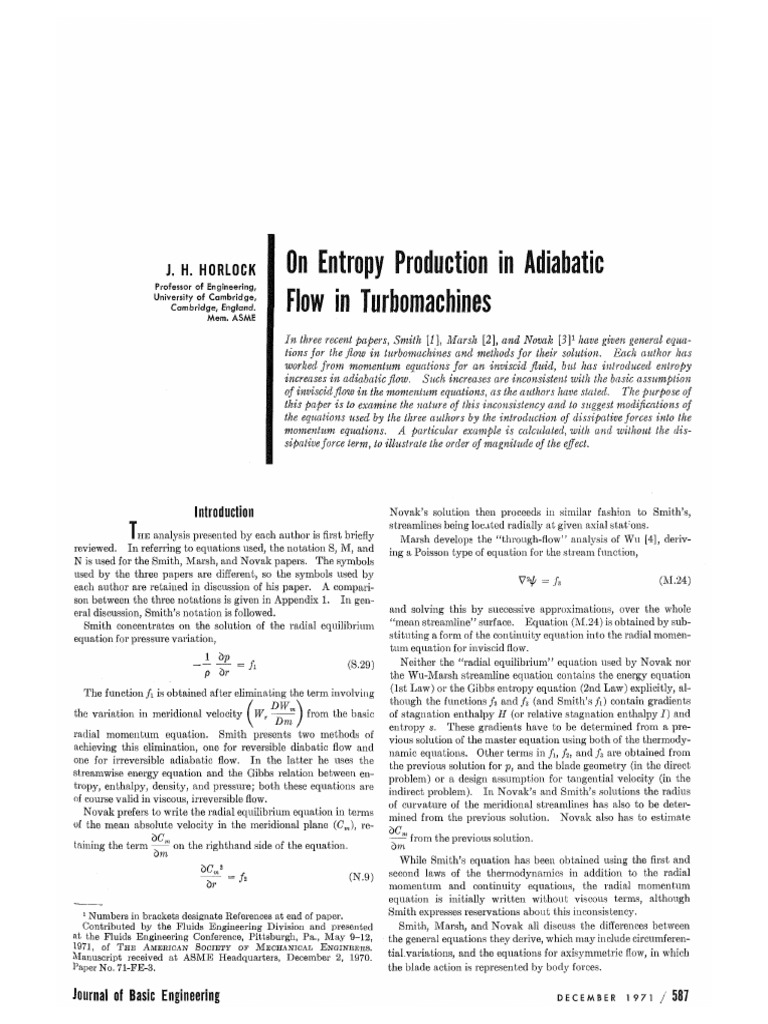 On Entropy Production in Adiabatic - Horlock1971 | PDF | Fluid Dynamics ...