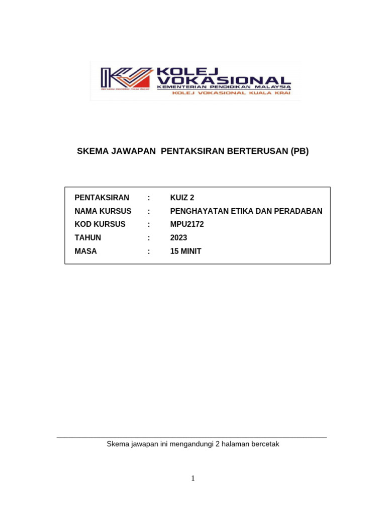 SKEMA JAWAPAN KUIZ 2 MPU2172(1) | PDF