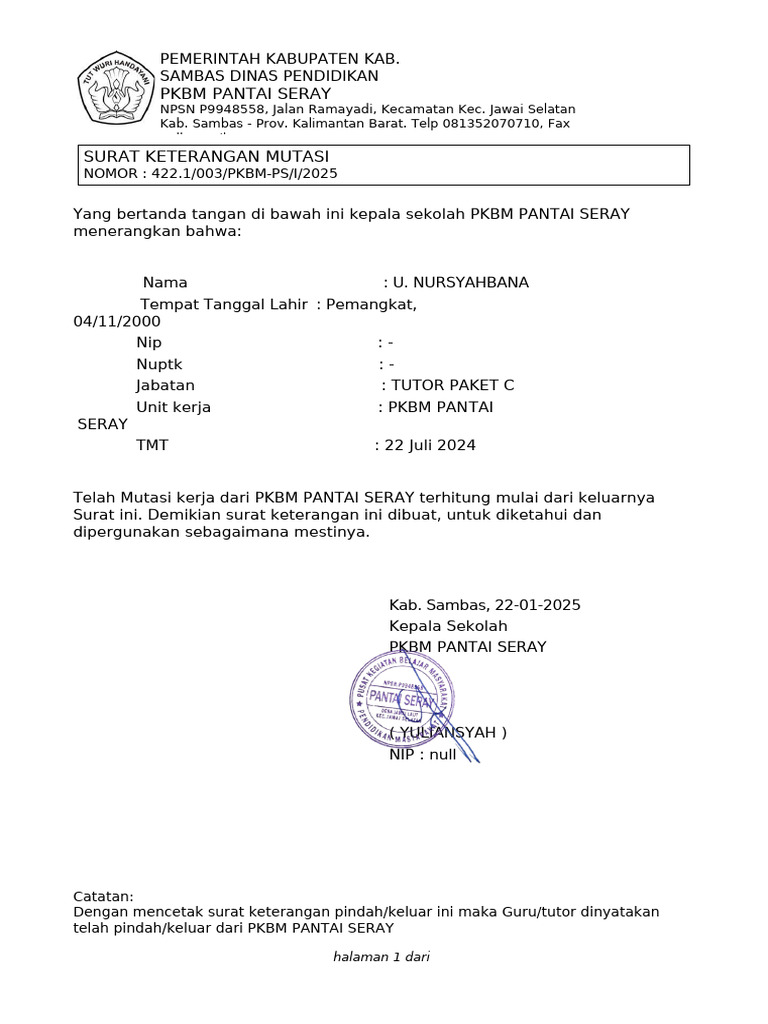 SK Mutasi SMK 2 PMK | PDF