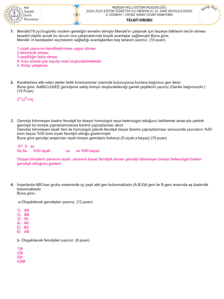 10. SINIF TELAFİ BİYOLOJİ CEVAP ANAHTARI | PDF